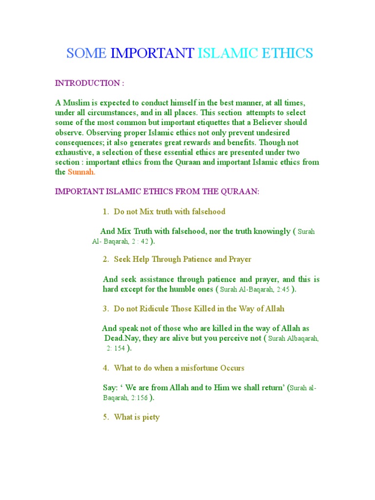 Some Important Islamic Ethics | PDF | Abrahamic Religions ...