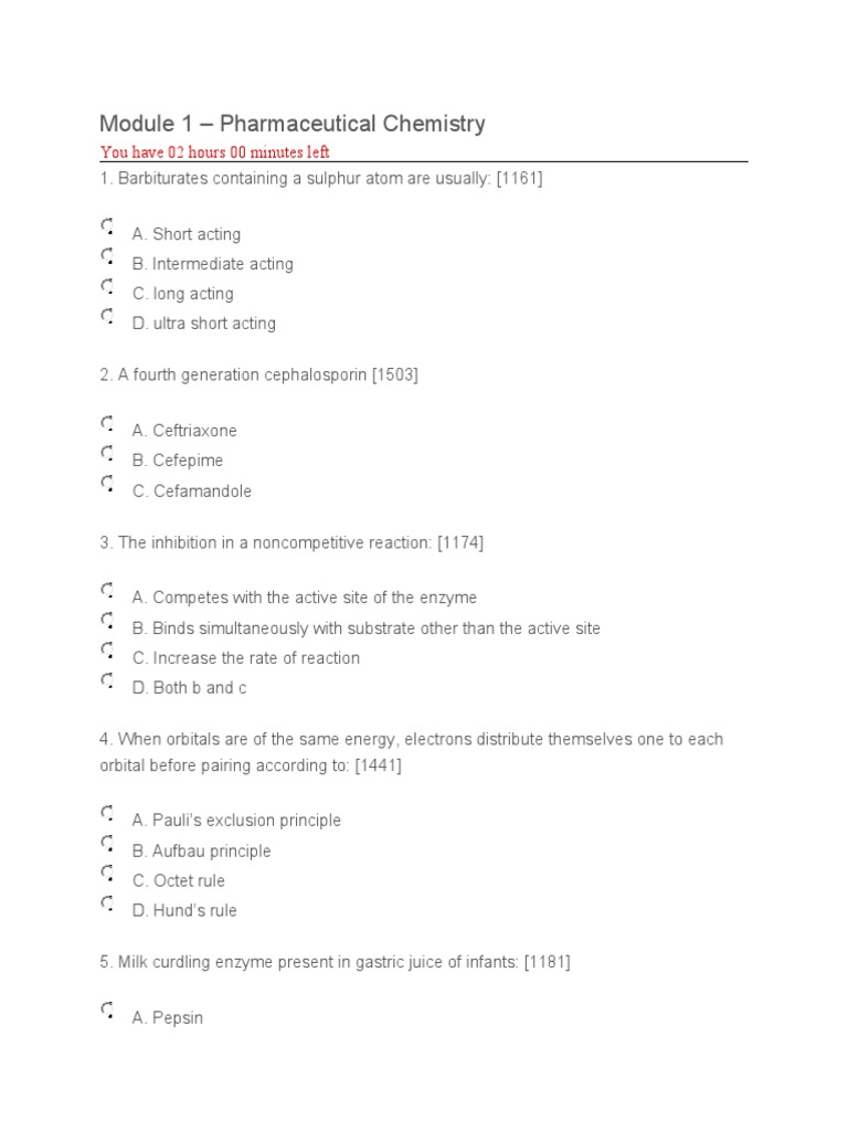 Module 1 - Pharmaceutical Chemistry: You Have 02 Hours 00 Minutes Left ...