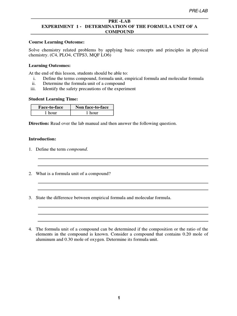 Exp 1 Determination of Formula Unit of A Compound Pre Lab and Lab | PDF ...