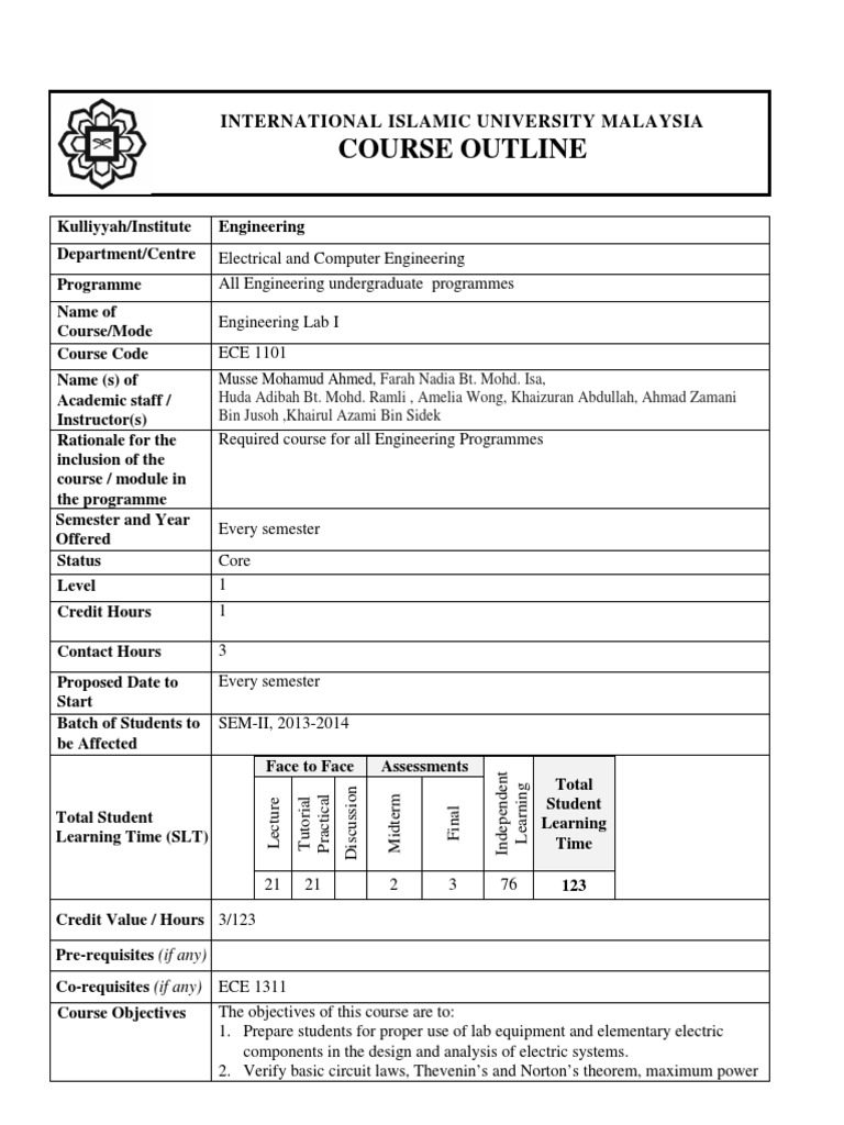 Engineering Lab I Course Outline | PDF | Electrical Network | Engineering