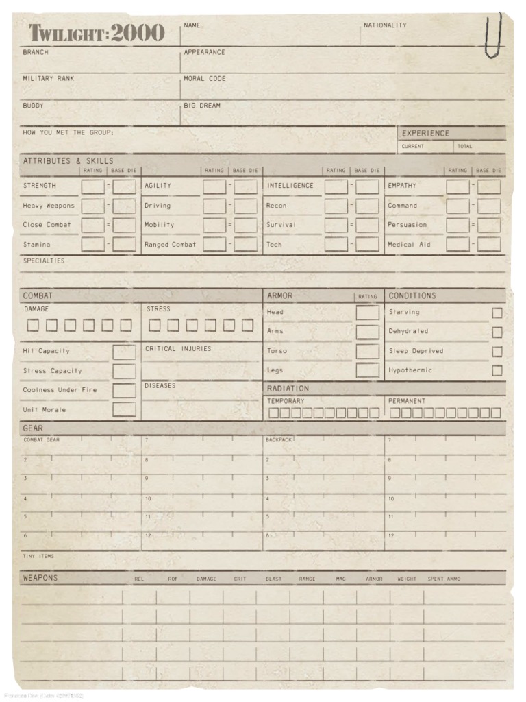 T2K4 Character Sheet English Color | PDF | Military | Military Science