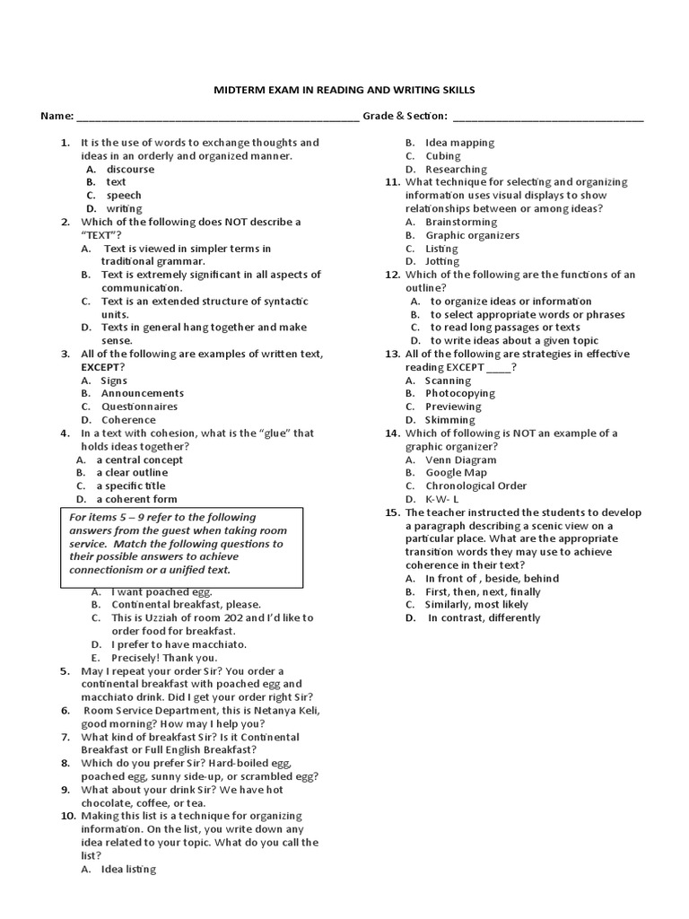 Midterm Exam in Reading and Writing | PDF | Cognitive Science | Linguistics