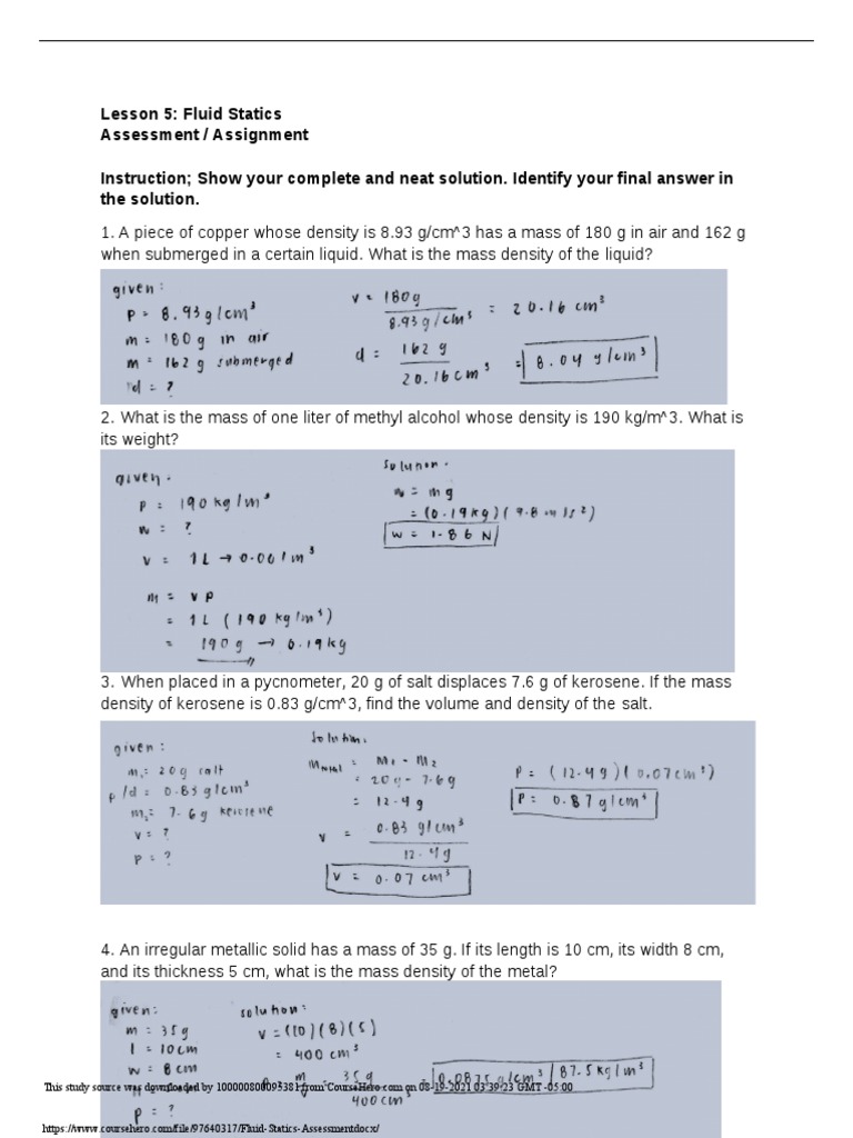 Fluid Statics Assessment | PDF | Density | Liquids