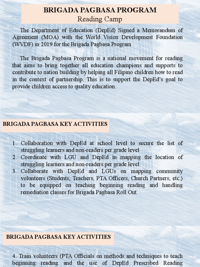 Brigada Pagbasa Program: Reading Camp | PDF | Literacy | Teachers