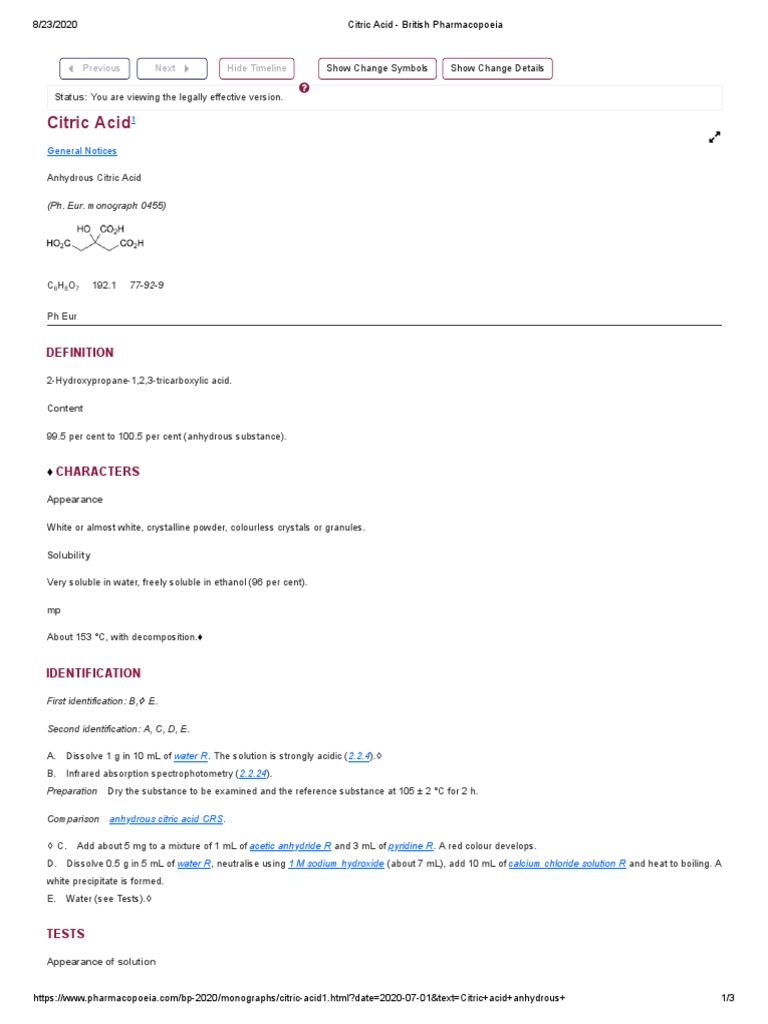 Citric Acid - British Pharmacopoeia | PDF | Solubility | Solution