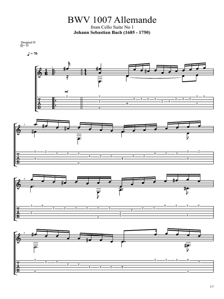 BWV 1007 Allemande by Johann Sebastian Bach | PDF | Compositions ...