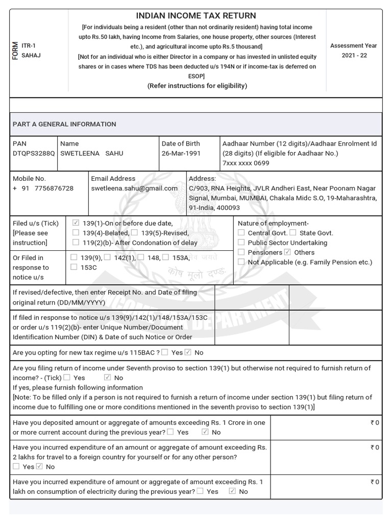 Indian Income Tax Return: Part A General Information | PDF | Tax ...