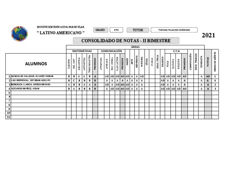 Consolidado de Notas - 6to de Primaria | PDF | Science | Matemáticas