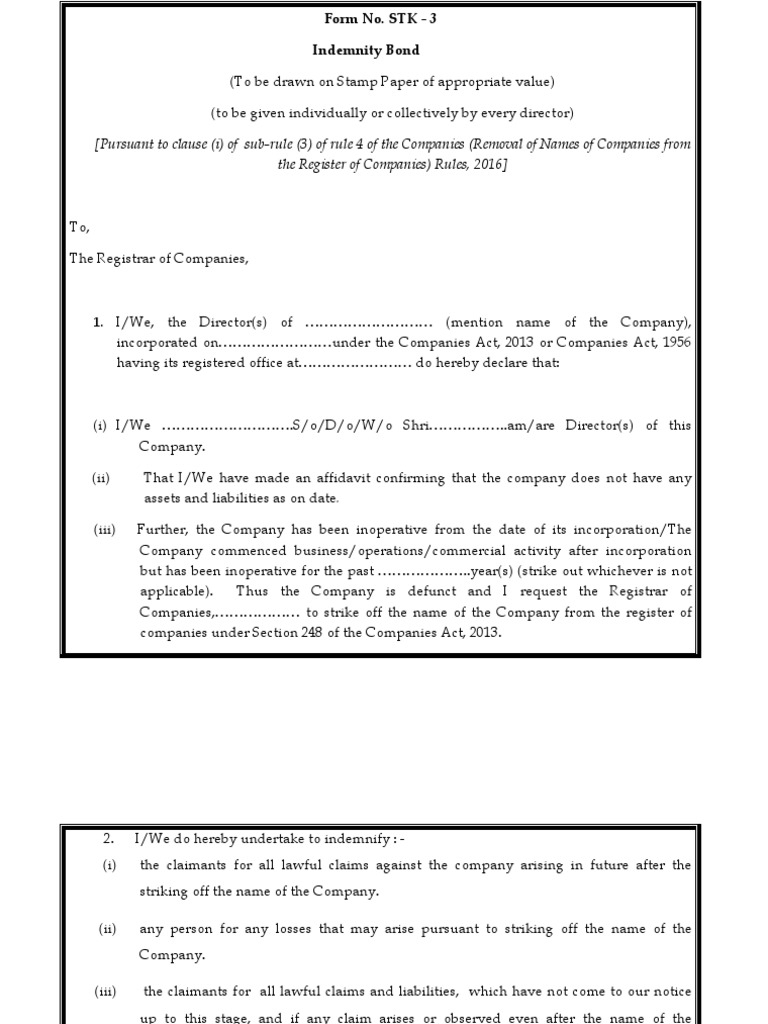Form No. STK - 3 Indemnity Bond: The Gazette of India: Extraordinary (P ...