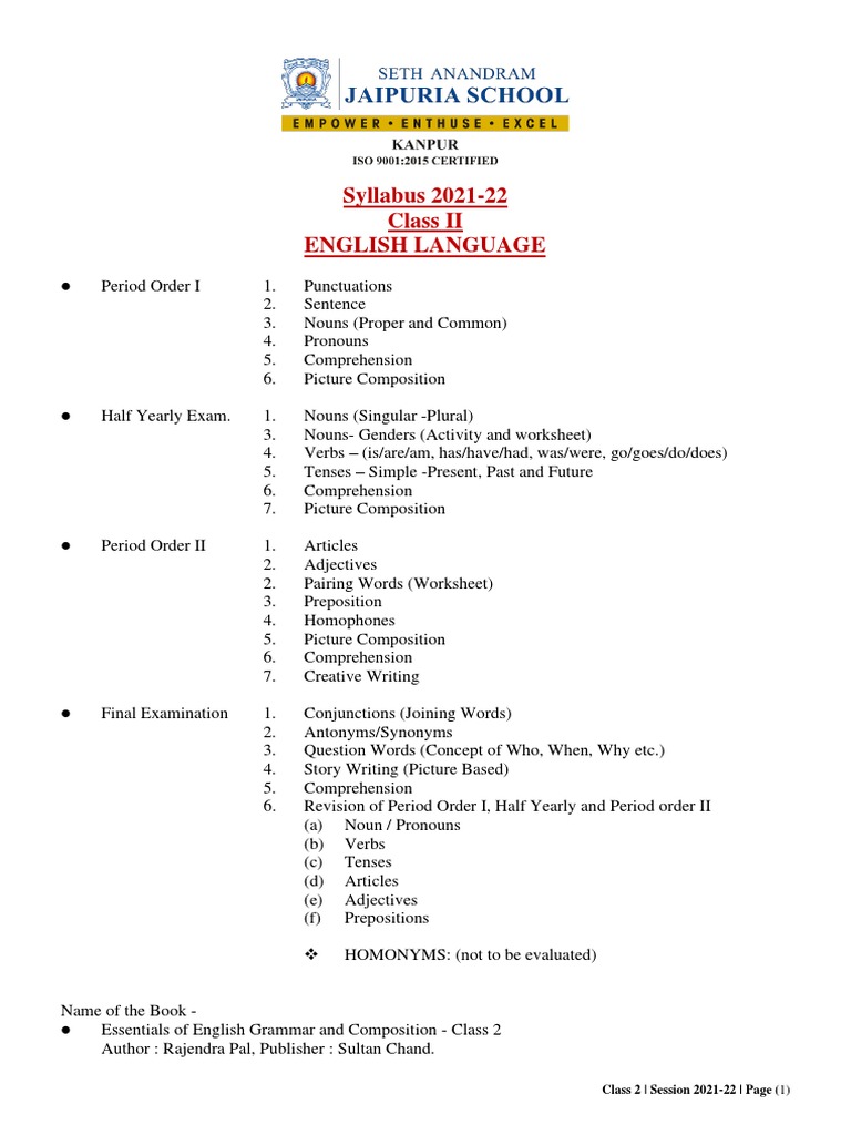 Class 2 Syllabus 2021-22 | PDF | Noun | Syntax