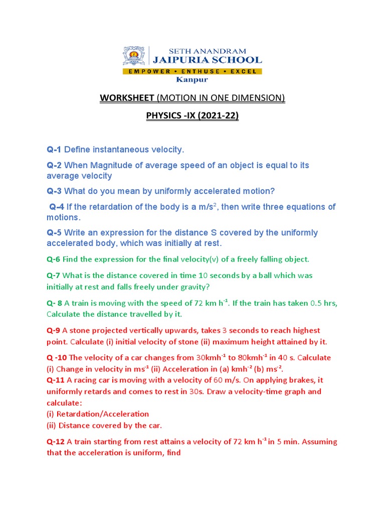 WORKSHEET (Motion in One Dimension) 2021 - 22 | PDF