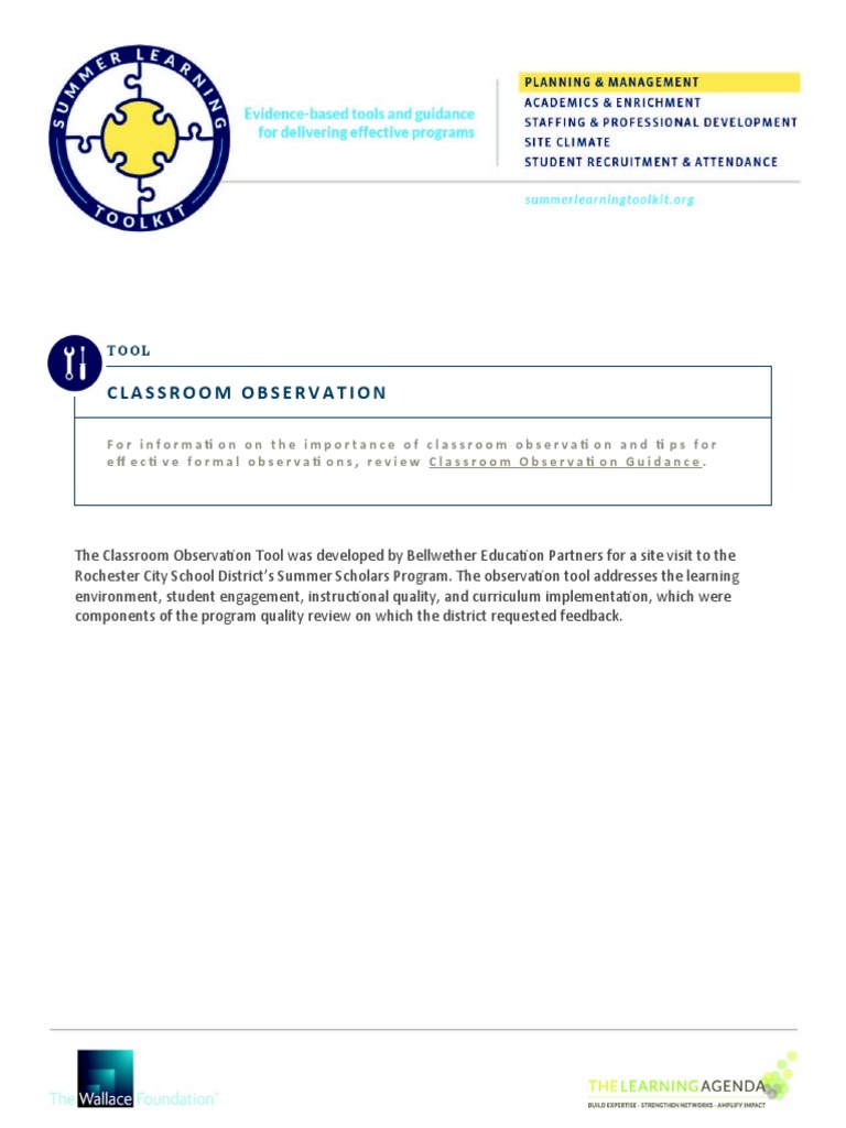 Classroom Observation Tool Guide | PDF | Learning | Classroom