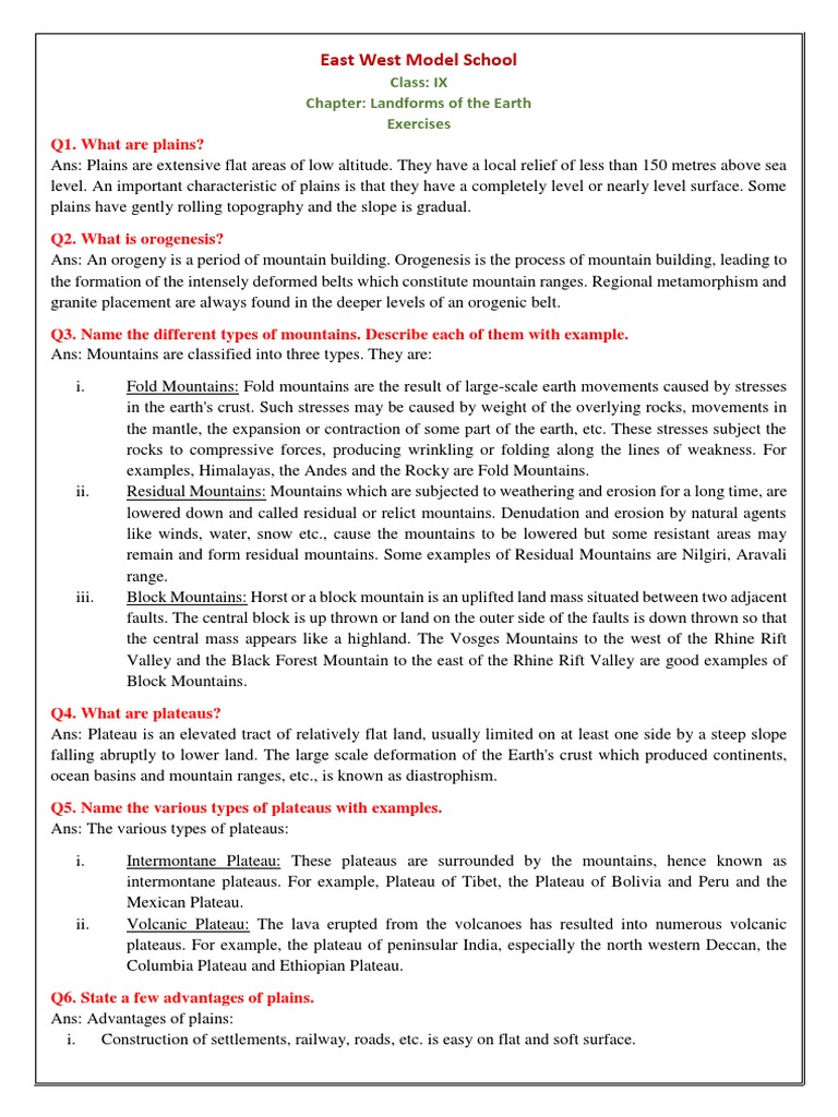 East West Model School: Q1. What Are Plains? | PDF | Plateau | Mountains