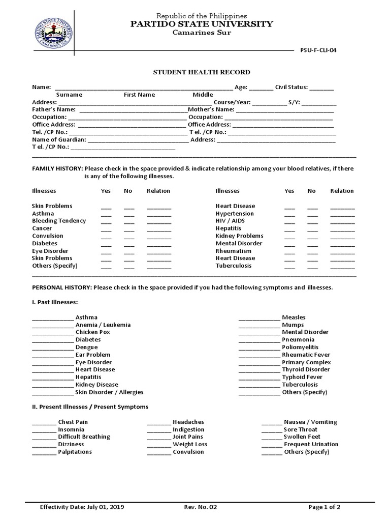(PSU-F-CLI-04) Student Health Record PDF | PDF | Measles | Hepatitis