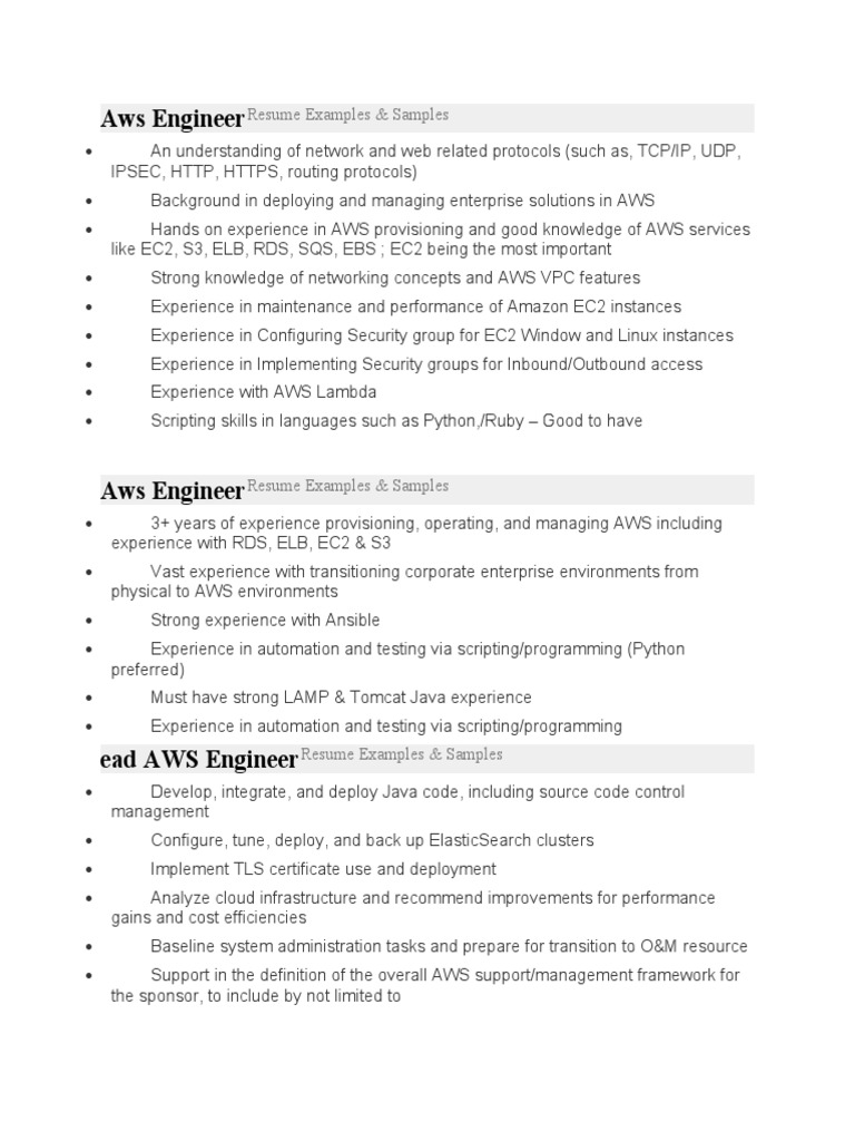 Aws Engineer: Resume Examples & Samples | PDF | Amazon Web Services ...