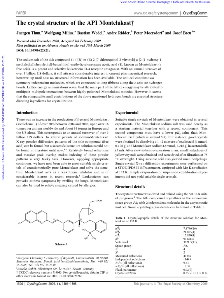 CrystEngComm 2009 API Montelukast | PDF | X Ray Crystallography | Molecules