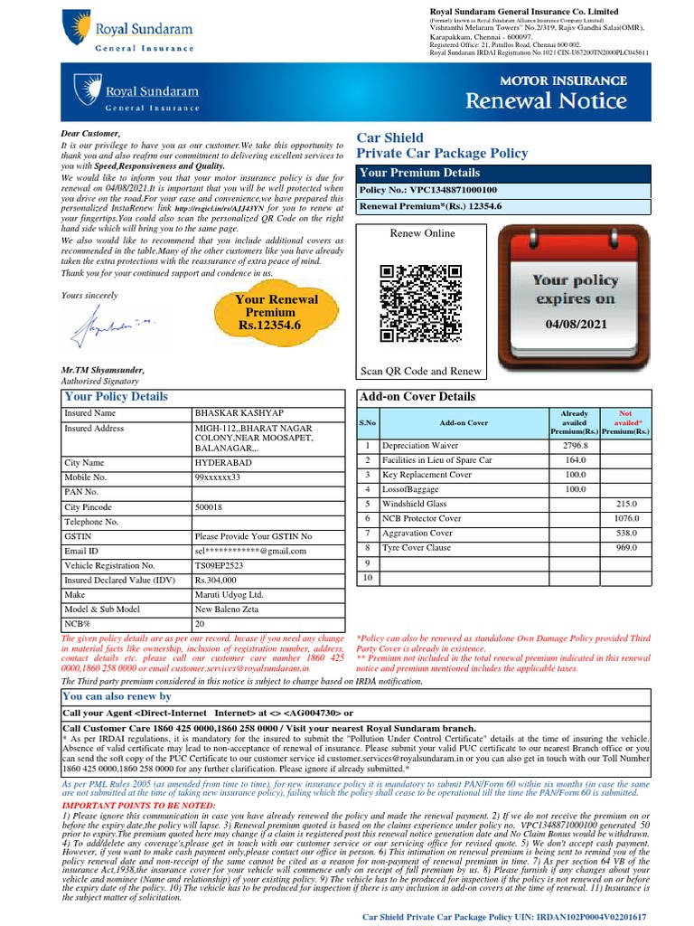 Renewal Notice Print | PDF | Insurance