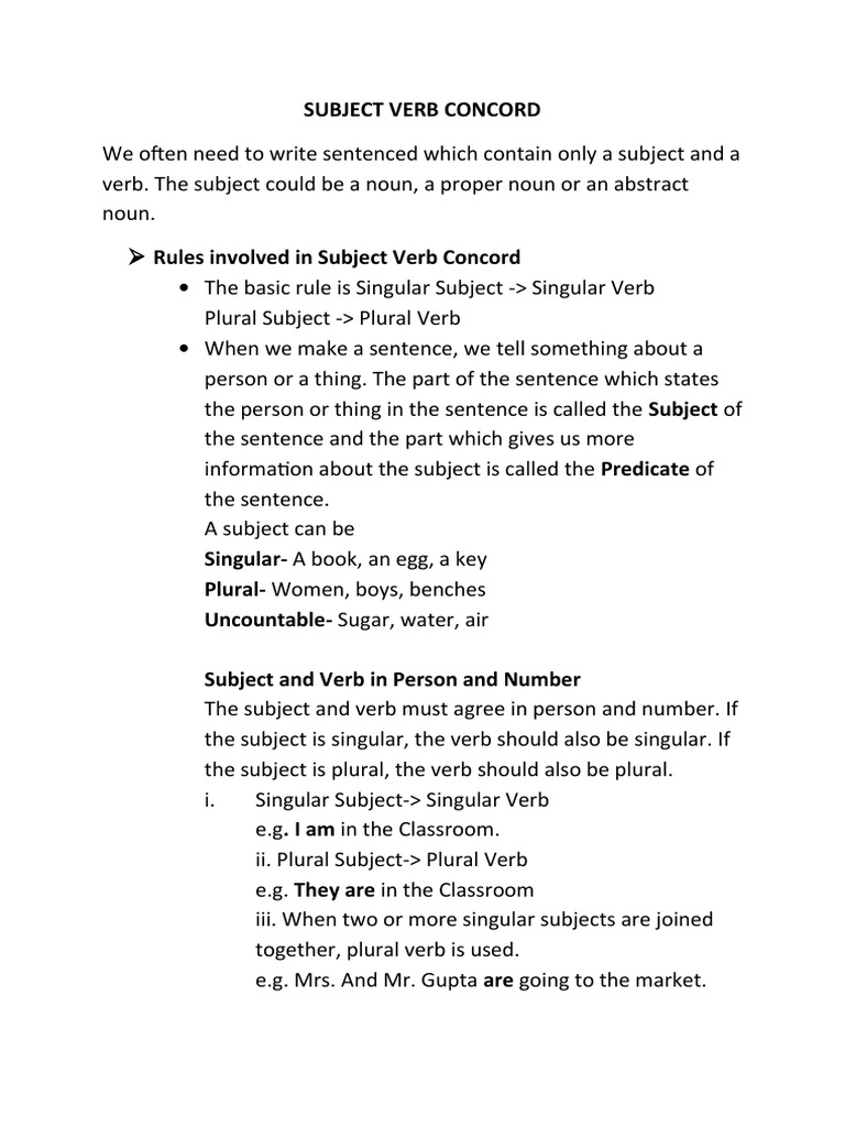 Subject Verb Concord | PDF | Grammatical Number | Subject (Grammar)
