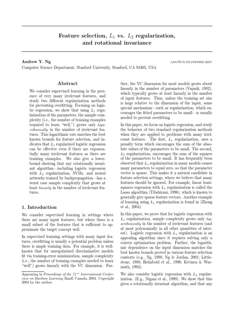 Feature Selection, L1 vs. L2 Regularization, and Rotational Invariance - A NG 2004 | PDF ...