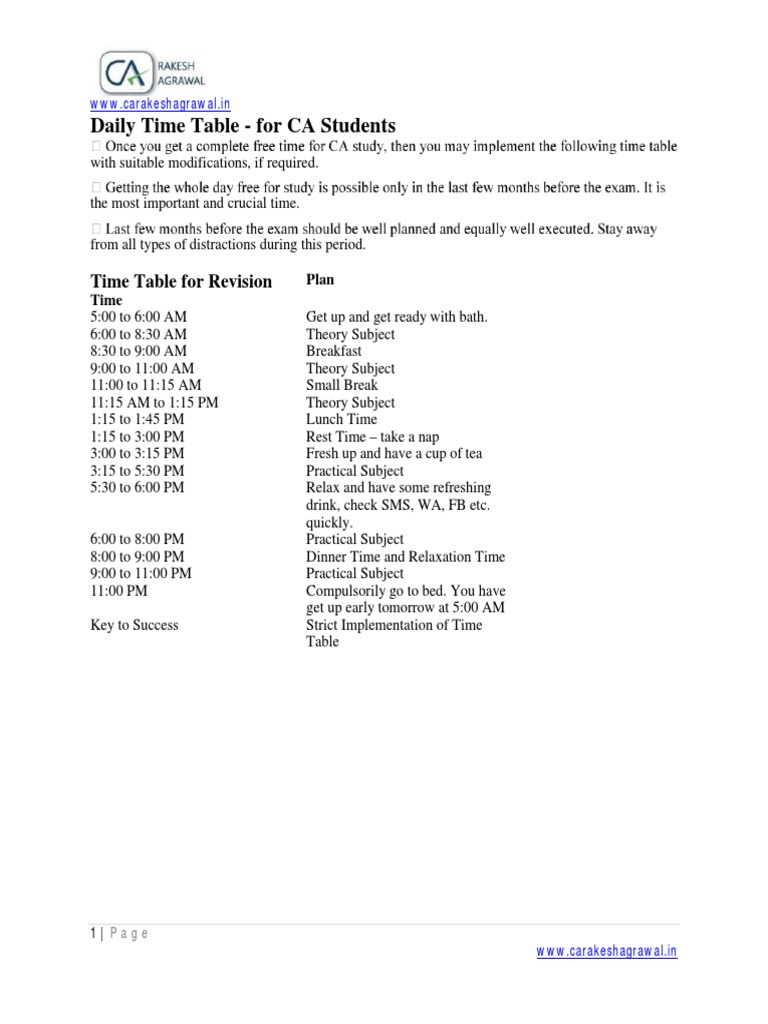 Daily Study Schedule for CA Students | PDF | Wellness