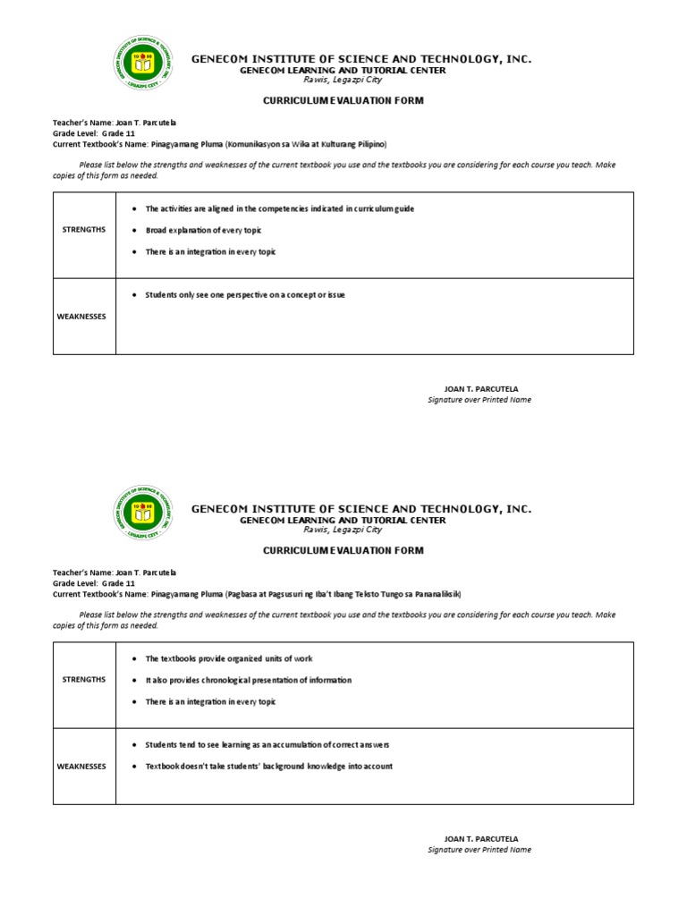 Curriculum Evaluation Form | Download Free PDF | Curriculum | Textbook