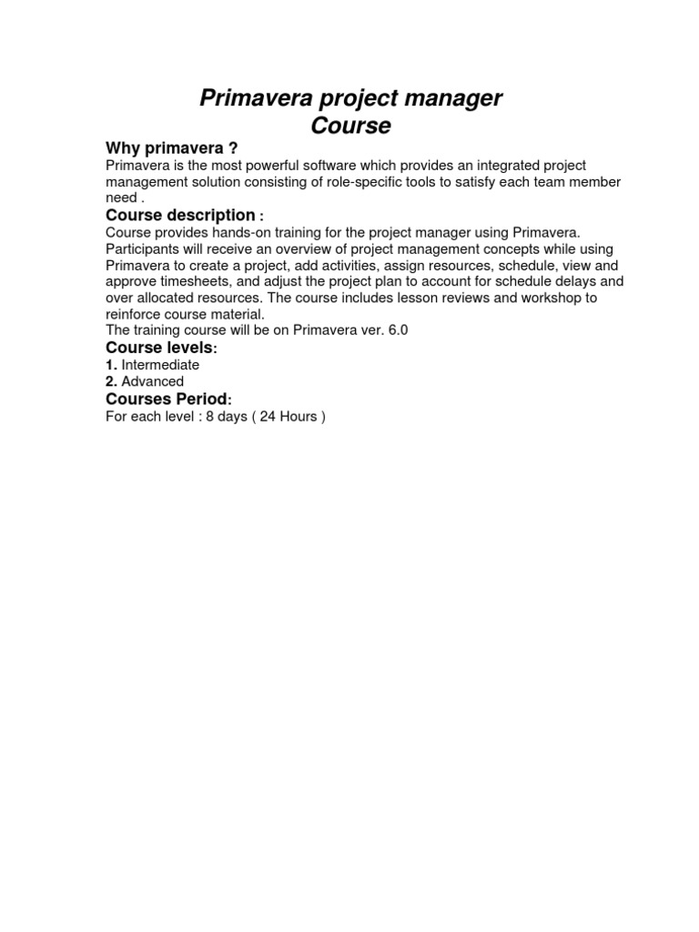 Primavera Project Manager Course | PDF | Project Management | Spreadsheet