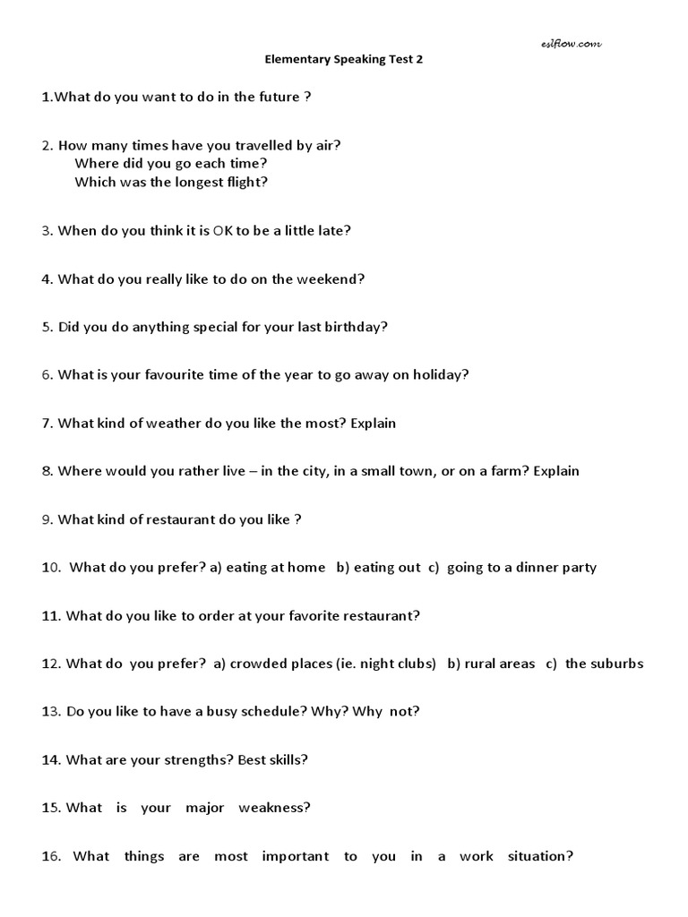 Elementary Speaking Test Questions | PDF