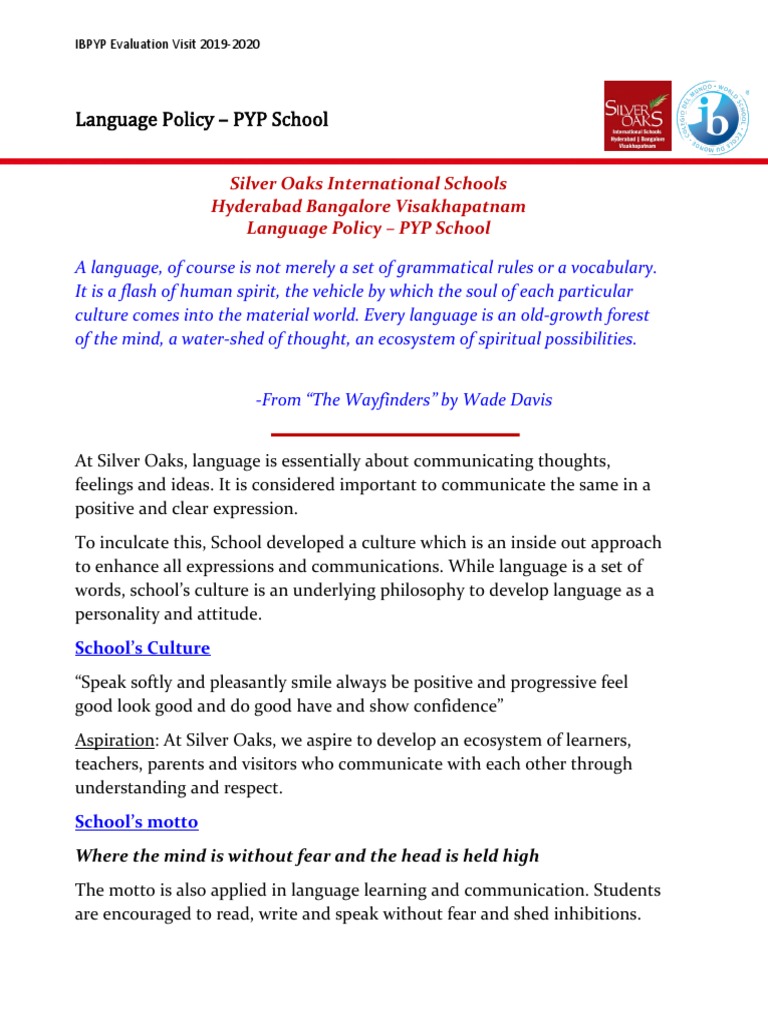 Language Policy - PYP School | PDF | Teachers | Educational Assessment