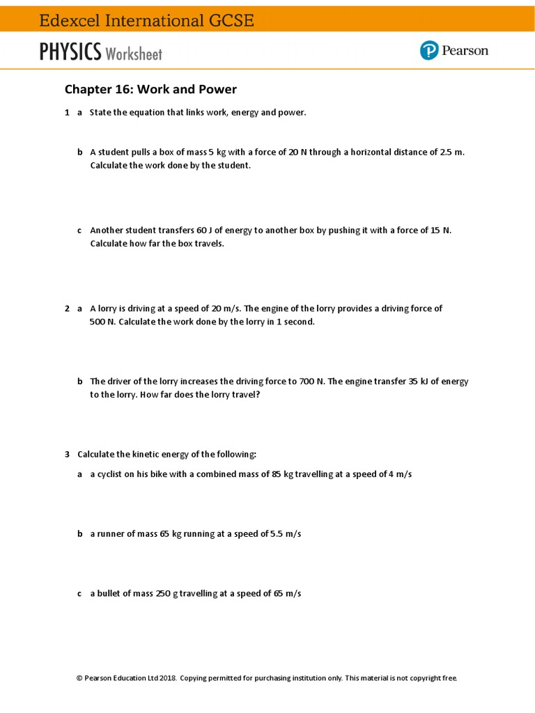 IGCSE - Physics - Worksheet 16 - Work and Power PDF | PDF