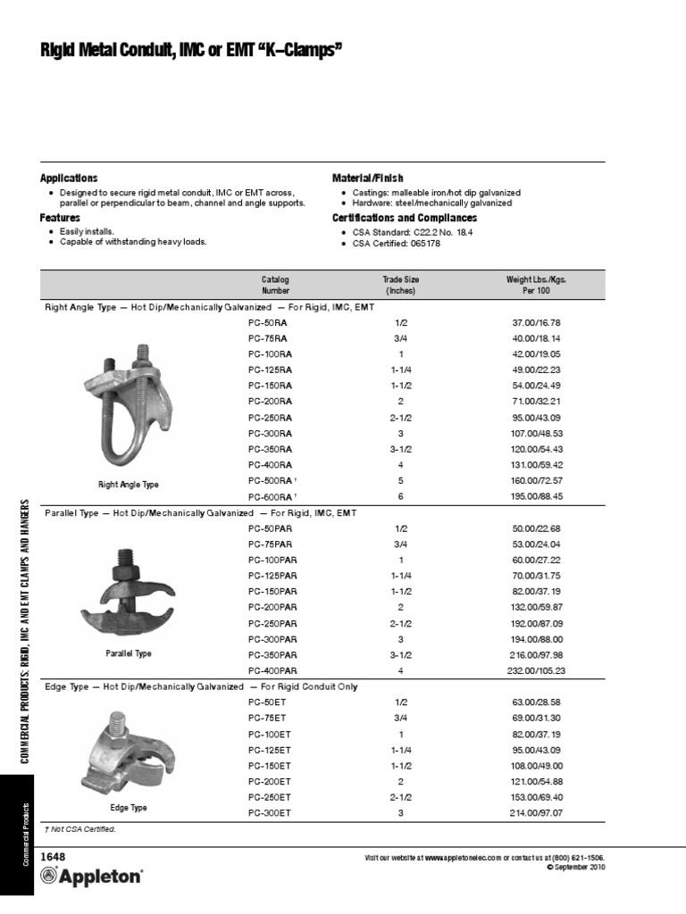 Rigid Metal Conduit, IMC or EMT "K-Clamps": Applications Features ...