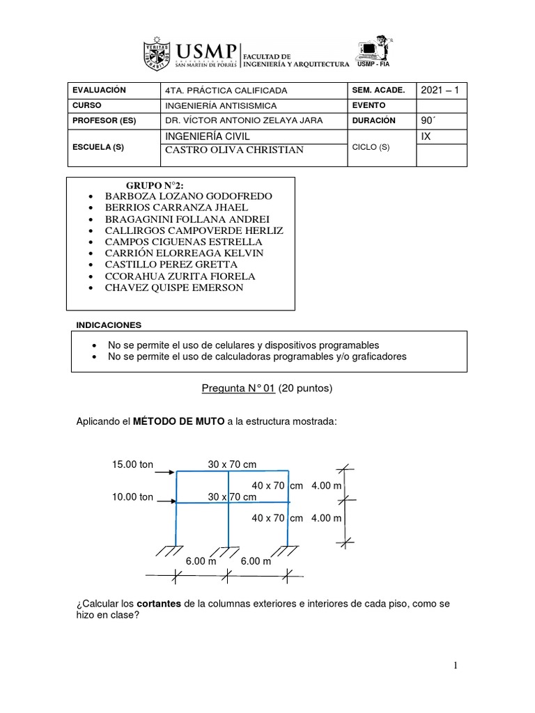 4ta. PrácticaCalificada Ingeniería Antisísmica IC CC2 | PDF