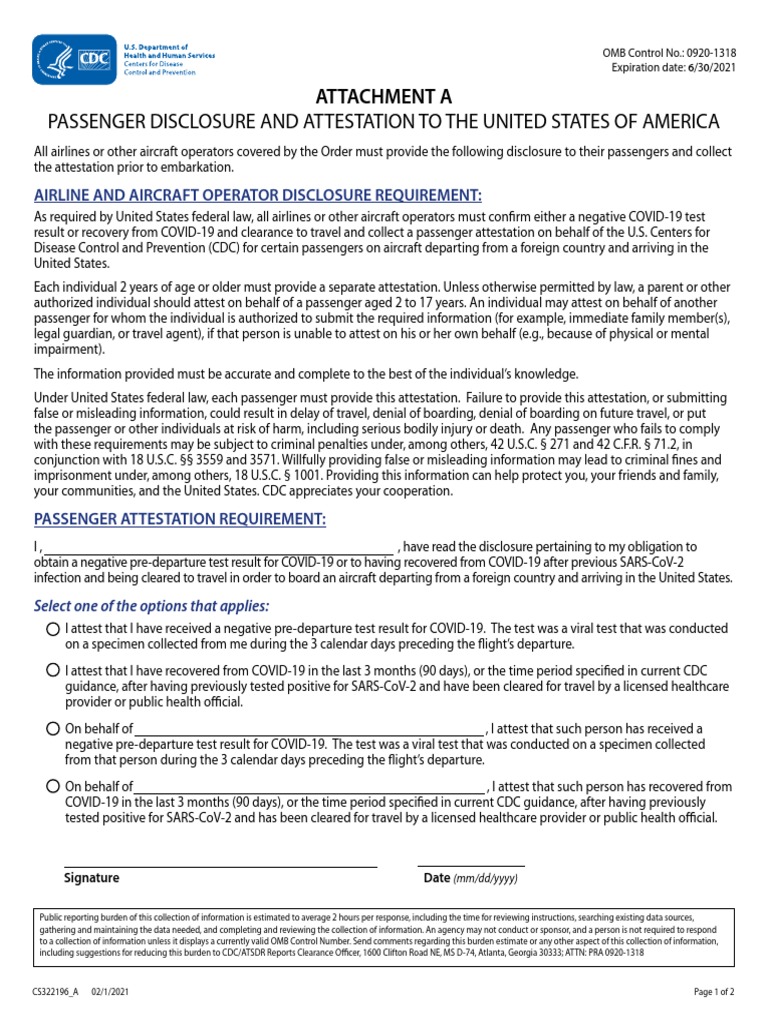Fillable Attestation English P | PDF | Centers For Disease Control And ...