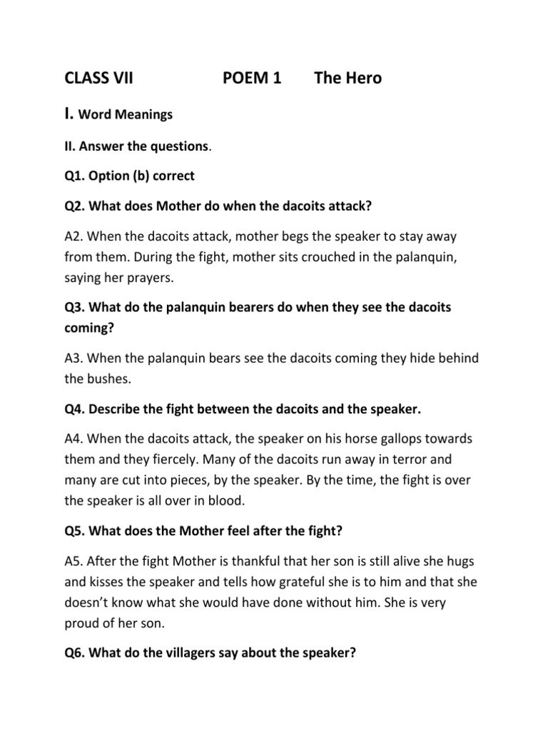 Class 7: The Hero Poem Q&A | PDF | Language Arts & Discipline | Poetry