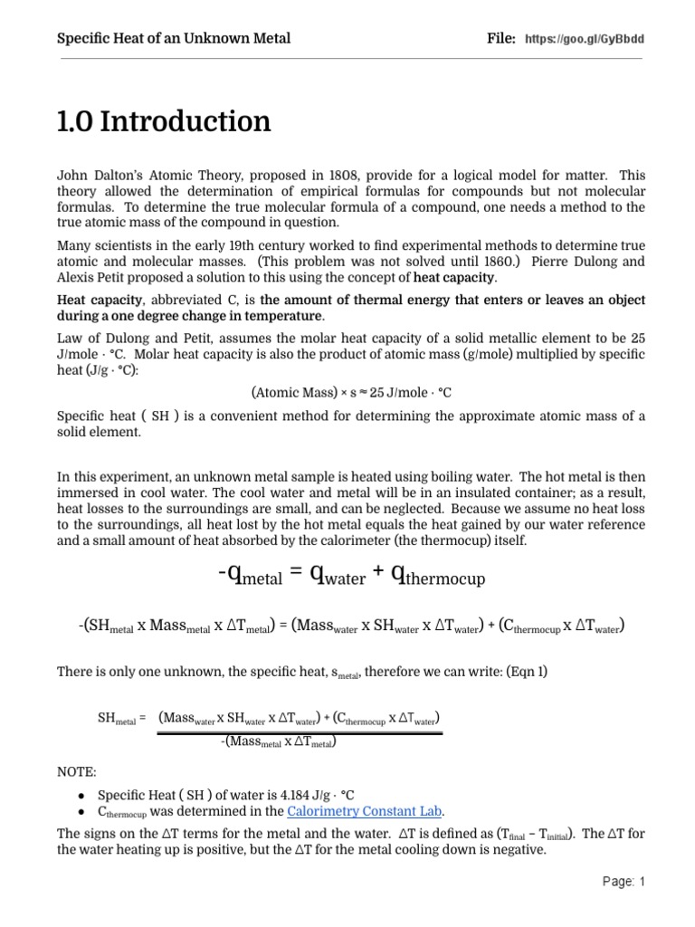 Lab 15 Specific Heat of An Unknown Metal | PDF | Heat | Mole (Unit)