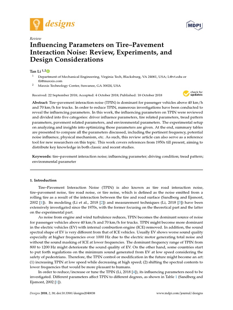 Designs: Influencing Parameters On Tire-Pavement Interaction Noise: Review, Experiments, and ...