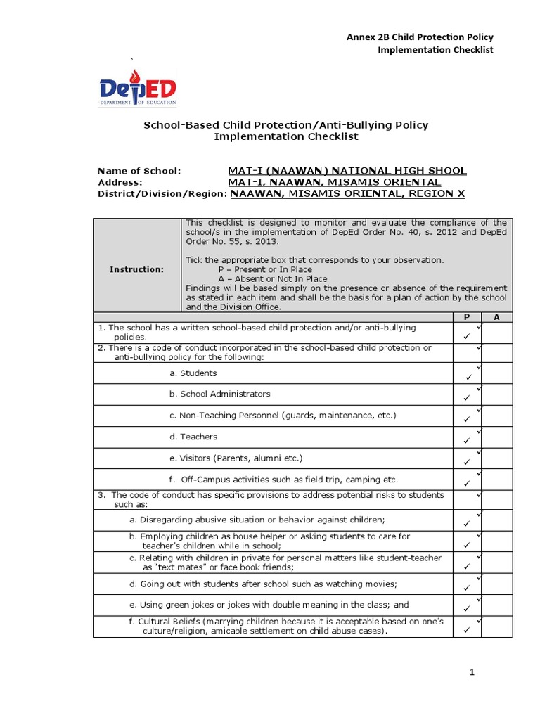 SIP Annex 2B - Child Protection Policy Implementation Checklist | PDF ...