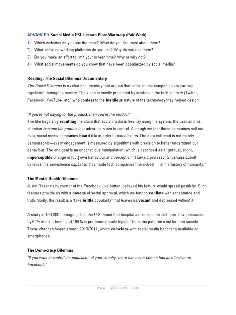 Advanced ESL Social Media Lesson | PDF | Social Media | Popular Culture ...