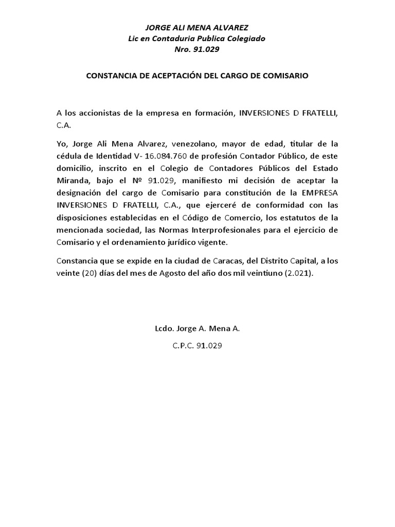 Constancia de Aceptación Del Cargo de Comisario | PDF