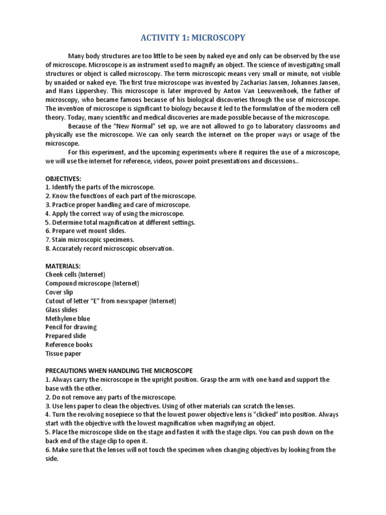 Anaphy Lab Activity 1 | PDF | Microscope | Microscopy