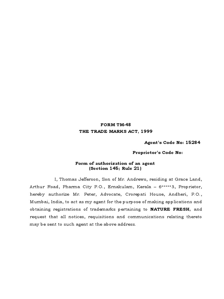 Form Tm-48 The Trade Marks Act, 1999 Agent's Code No: 15284 Proprietor ...