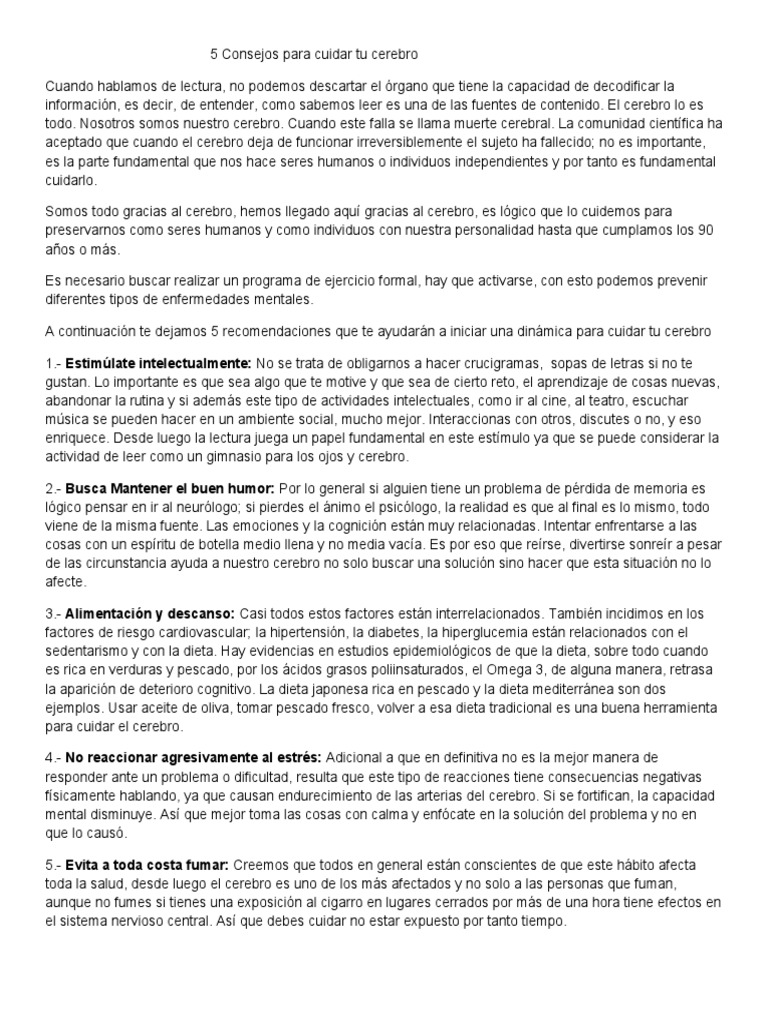 5 Consejos Para Cuidar Tu Cerebro Pdf Dieta Cerebro