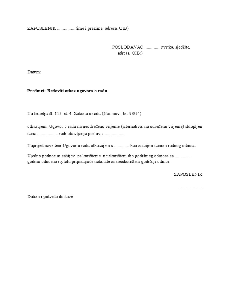 Otkaz - Redoviti - Zaposlenik (PRIMJER) | PDF