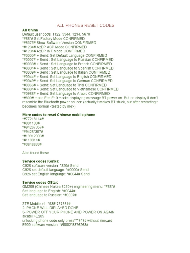 All Phones Reset Codes | PDF | Mobile Telecommunications | Computing