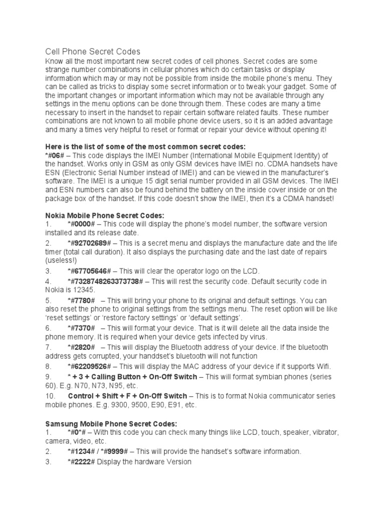 Cell Phone Secret Codes | PDF | Mobile Technology | Mobile Phones