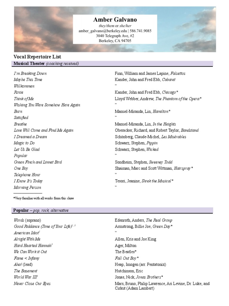Vocal Repertoire List | PDF | Musical Theatre | Performing Arts