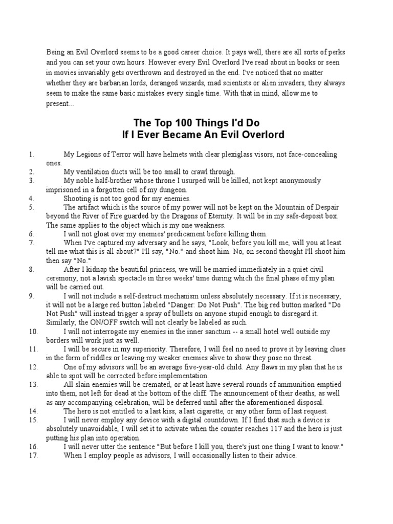 How To Be A Successful Evil Overlord (Long Version) | PDF | Law