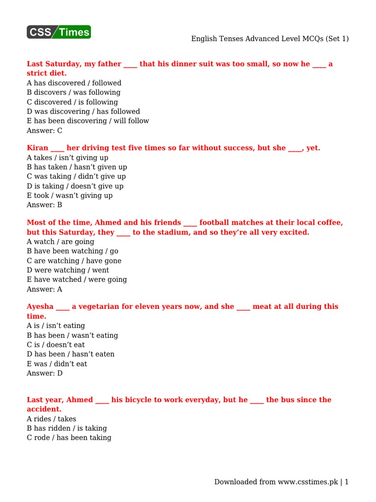 English Tenses Advanced Level MCQs (Set 1) | PDF
