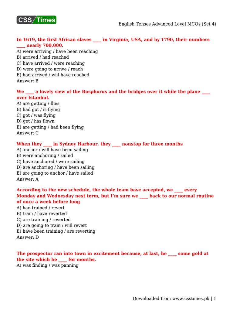 English Tenses Advanced Level MCQs (Set 4) | PDF