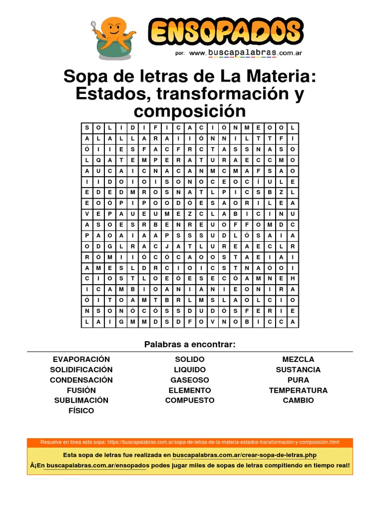 Sopa de Letras de La Materia Estados Transformación y Composición | PDF ...