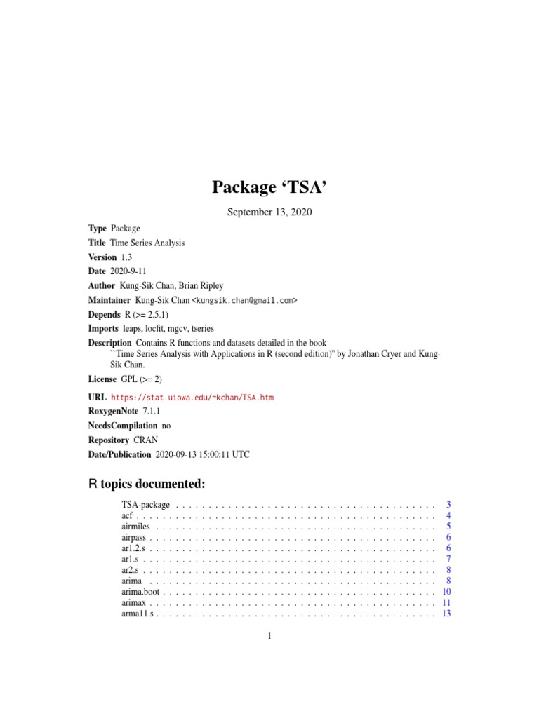 Package TSA': R Topics Documented | PDF | Autoregressive Integrated Moving Average ...
